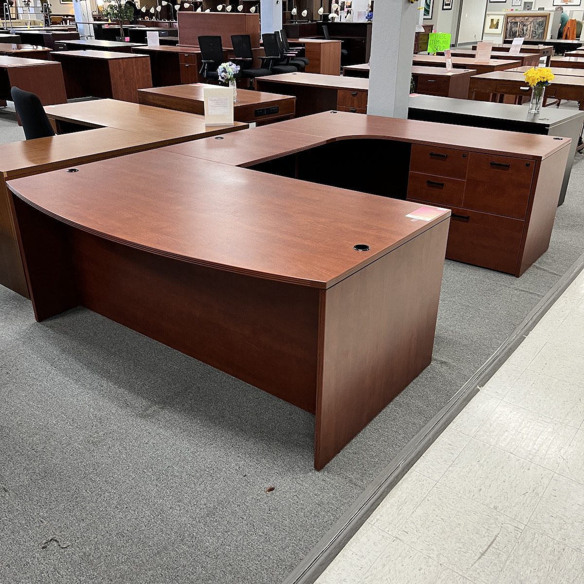 71” Wide Cherryman Cherry/Black Modern Bow Front U-desk with Multi-file ...