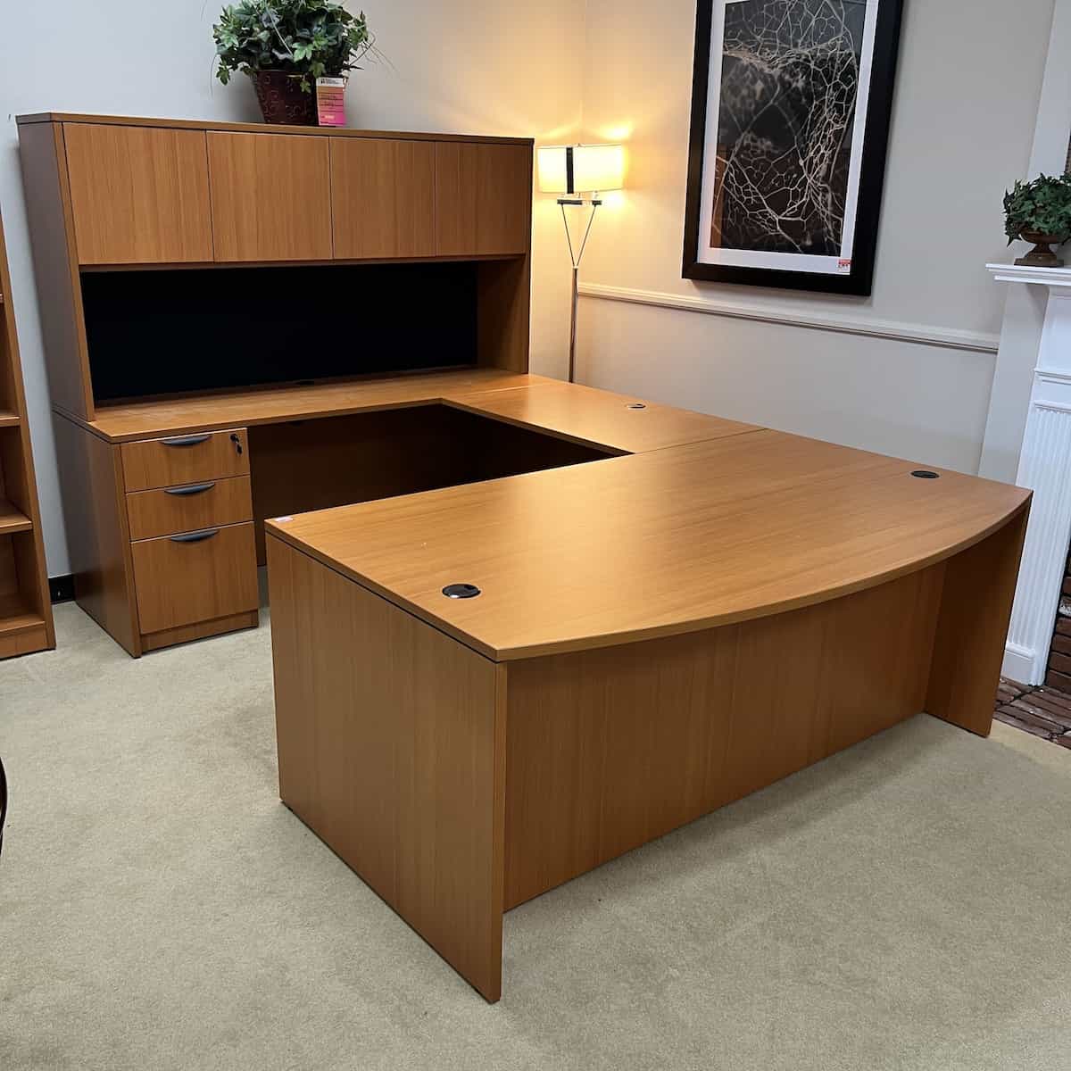 71" Wide Honey Bow Front U-Desk with Hutch | Office Furniture Liquidations