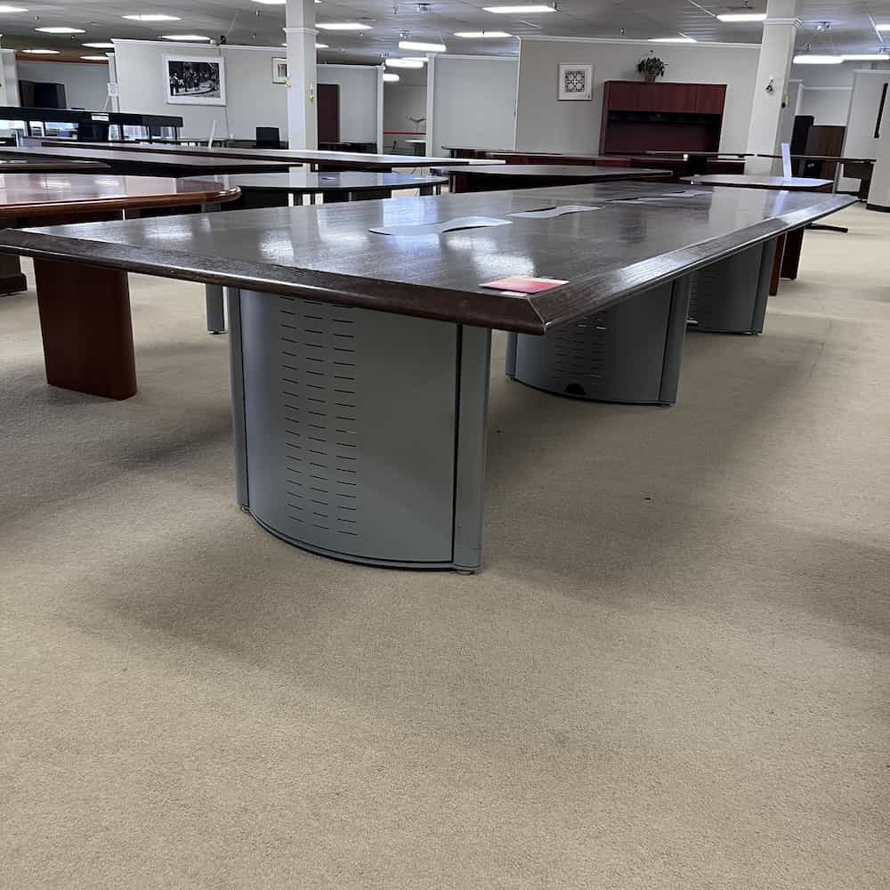 14 ft Dark Walnut and Silver Rectangle Conference Table with Electric ...