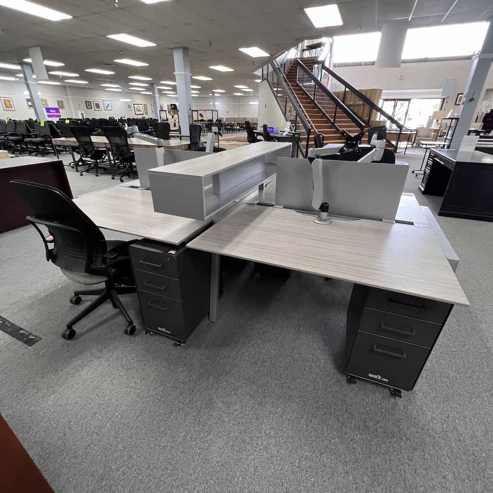 130" Cherry and Black 3 Piece, 2 Person Workstation Bullnose Desk ...