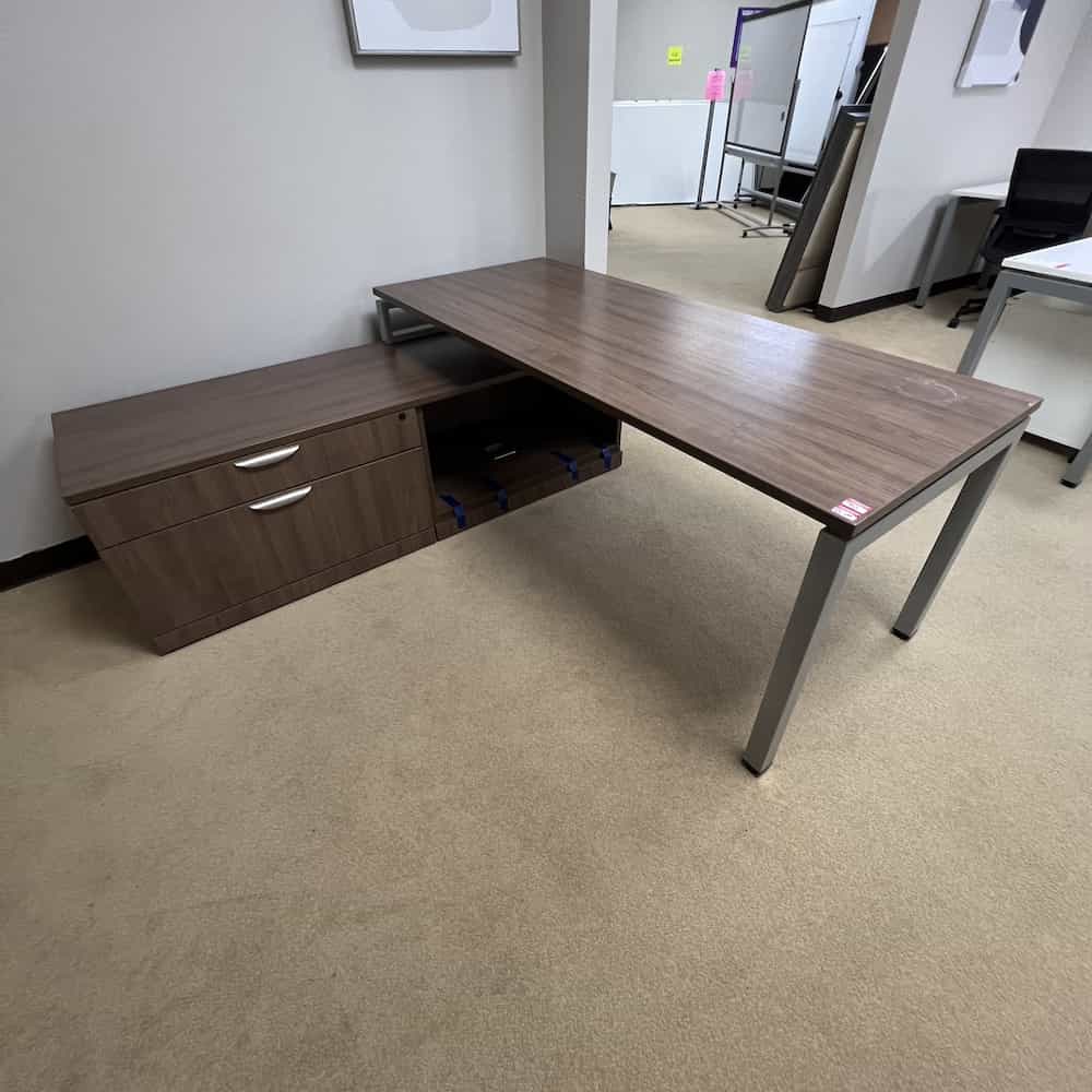 72" x 71" Walnut and Silver L-Desk Table with Box/File Lateral - Left ...