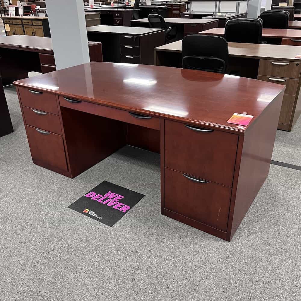 72" Paoli Cherry and Black Bow Front Desk with 2 Pedestals | Office ...