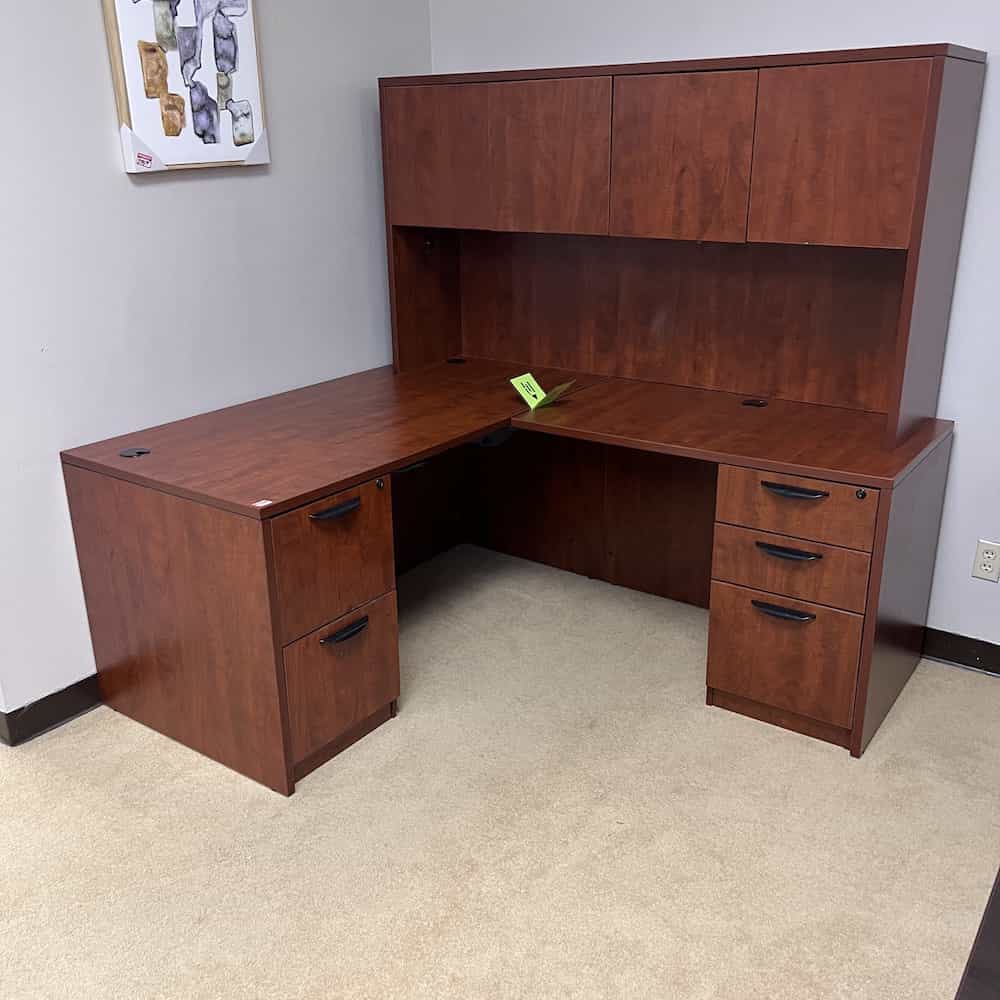 60" Cherry and Black L-Desk with Hutch and 2 Pedestals - Right Return ...