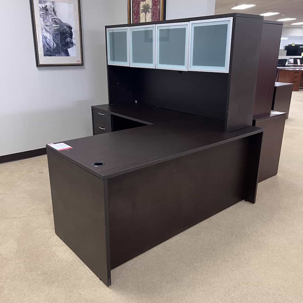 66" x 77" Espresso L-desk with Hutch and 2 Pedestal File - Left Return ...