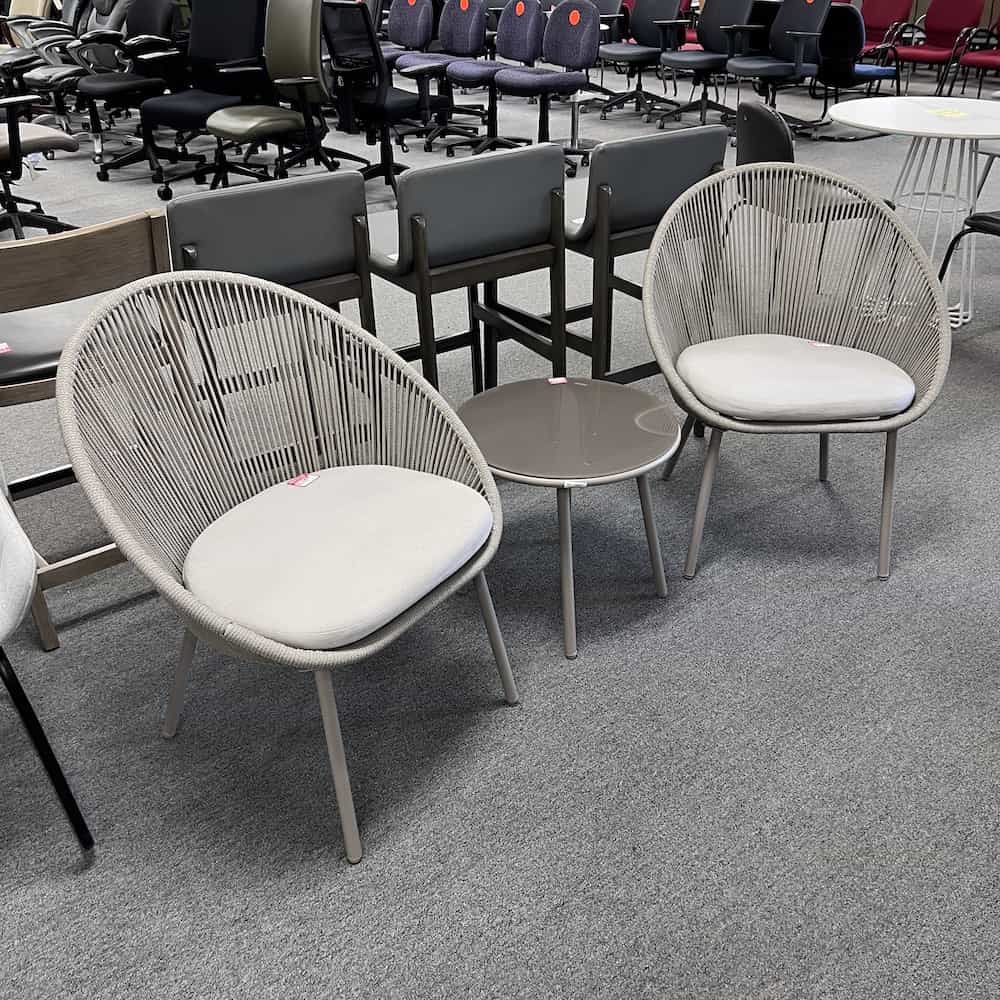 SET - 2 Taupe Outdoor Patio Chairs with Cushion and 1 Glass Side Table ...