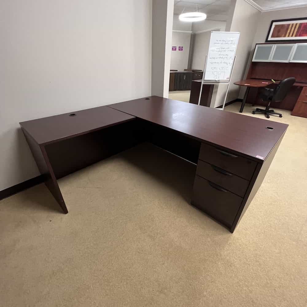 71" Mahogany and Black L-Desk with Single Pedestal File - Left Return ...