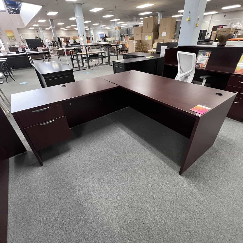 66" Mahogany and Black L-Desk with Single Pedestal File - Left Return ...