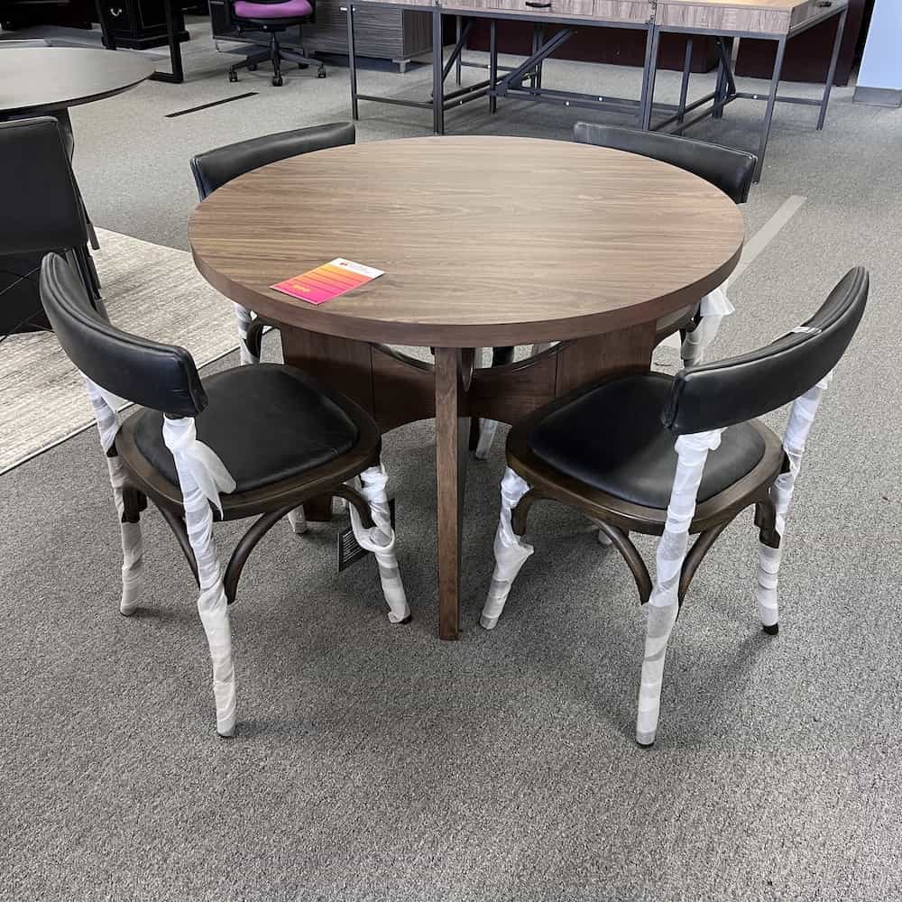 SET - 40" Walnut and Dark Grey Leather Mid-Century Modern Round Dining ...