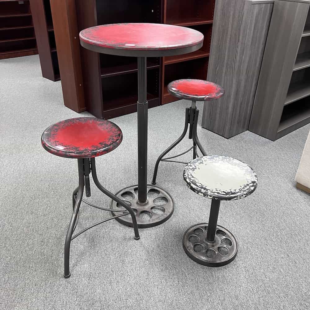 SET - 24" Red and Grey Industrial Round Metal Pub Table and 3 Chairs ...