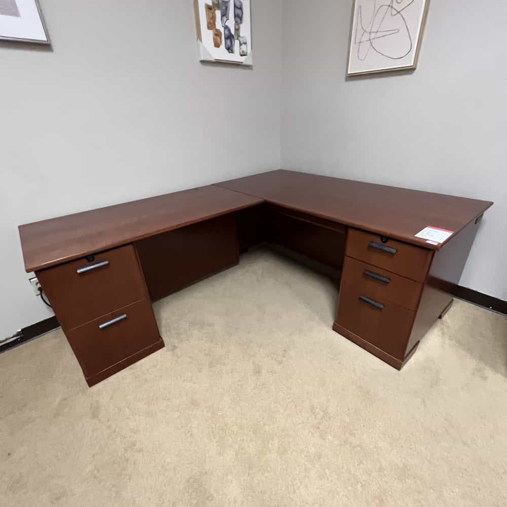 66" x 81" Steelcase Cherry and Black Veneer L-Desk - Left Return | Office Furniture Liquidations