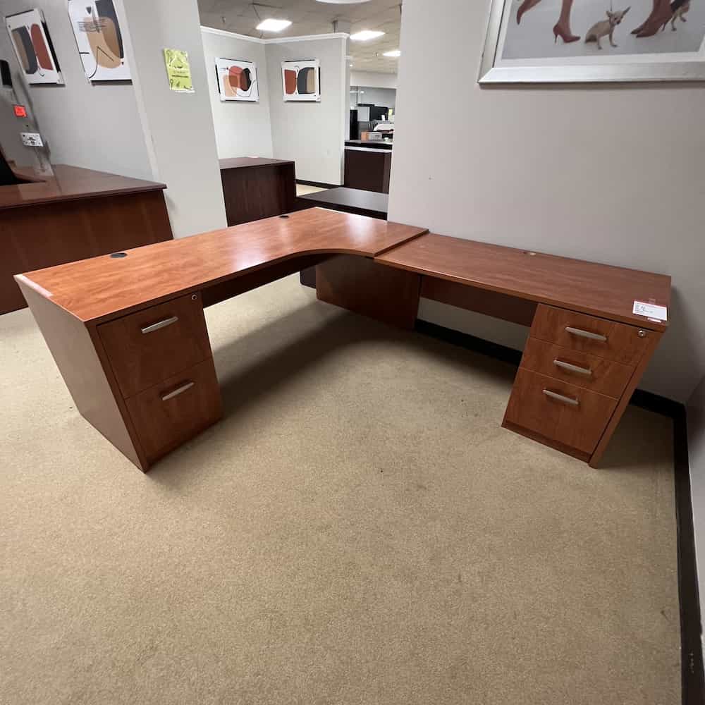 72" x 84" Trendway Cherry and Silver L-Desk - Right Return | Office ...