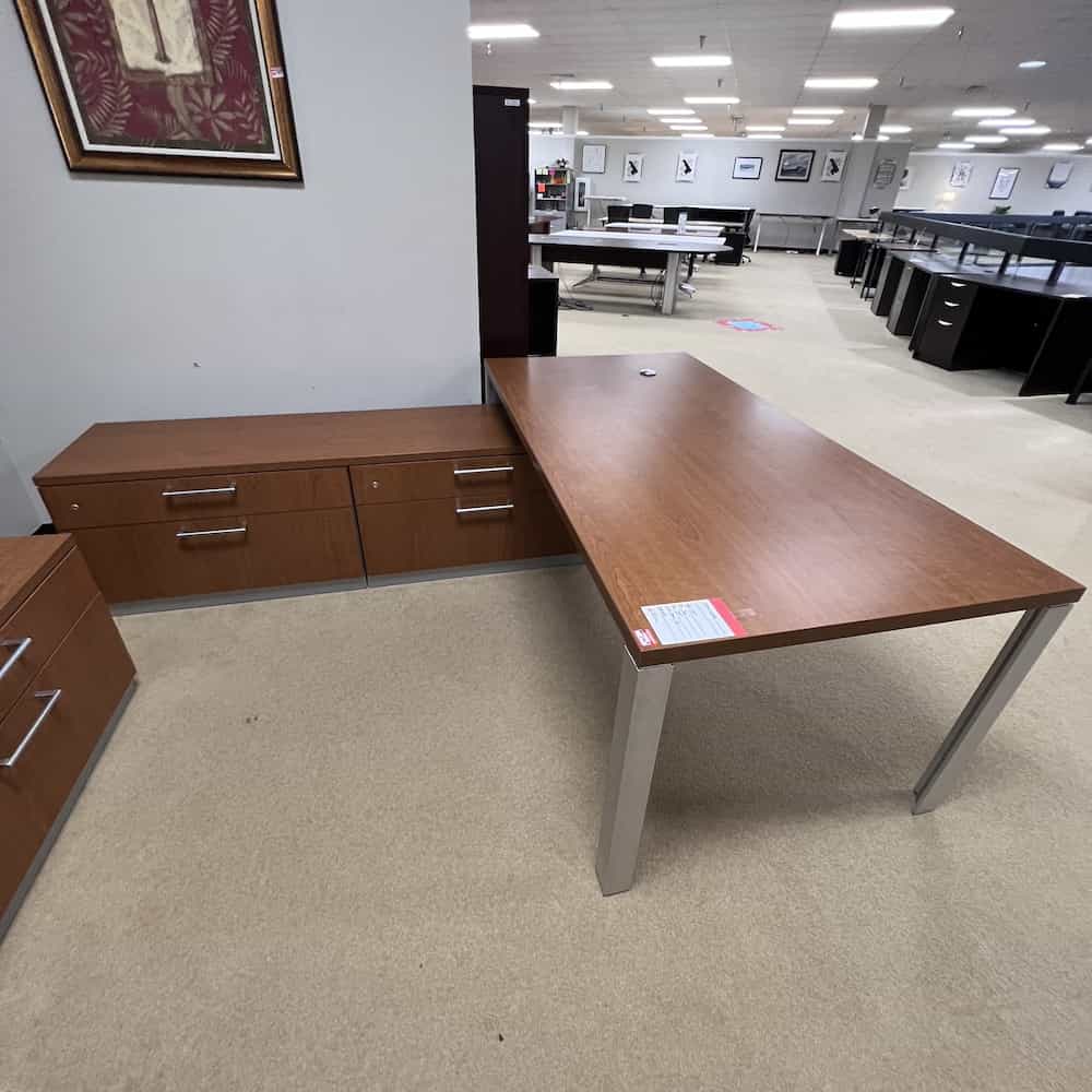 78" x 81" Steelcase Cherry and Grey Metal L-Desk with Lateral - Left ...