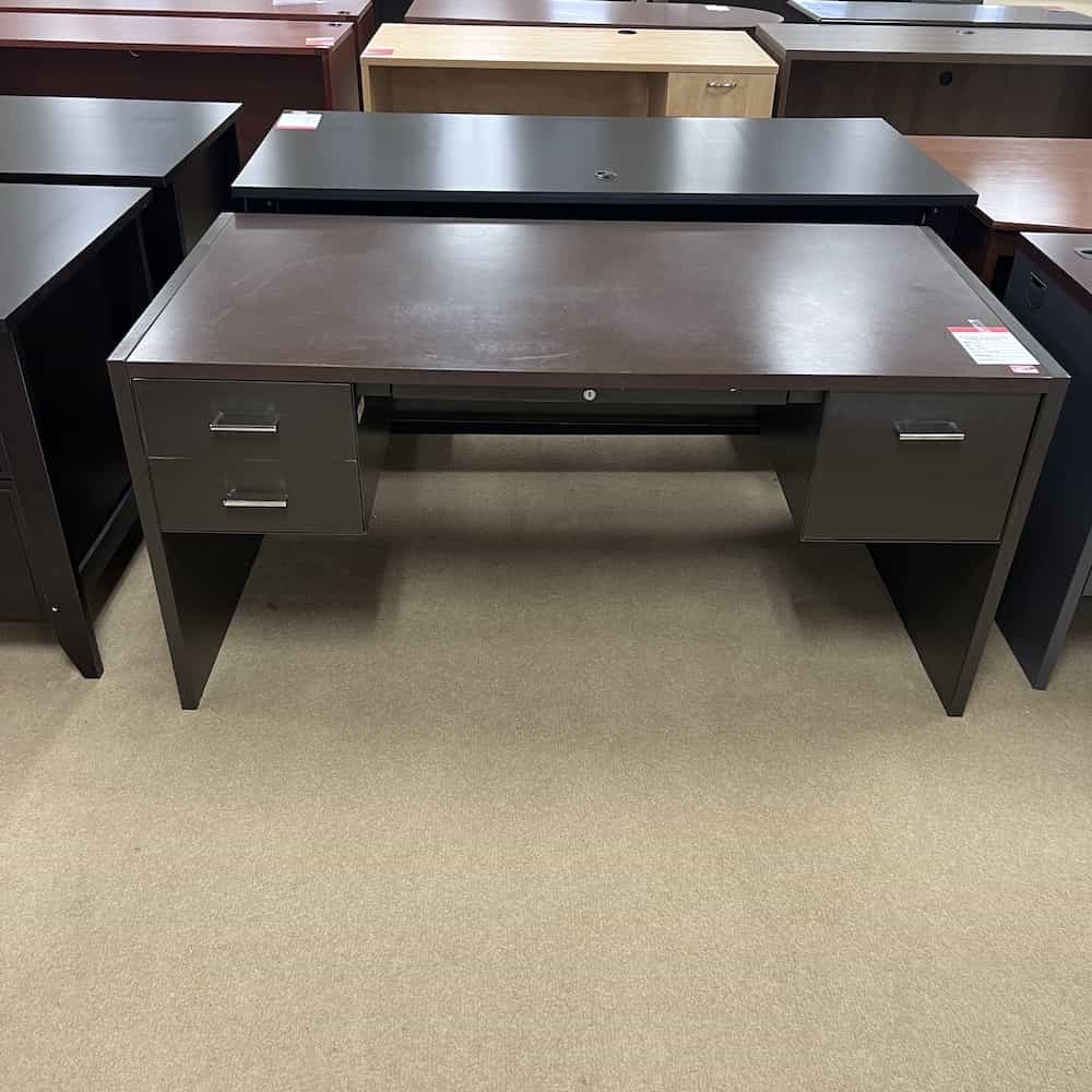 66" x 30" Walnut and Grey Metal Desk | Office Furniture Liquidations