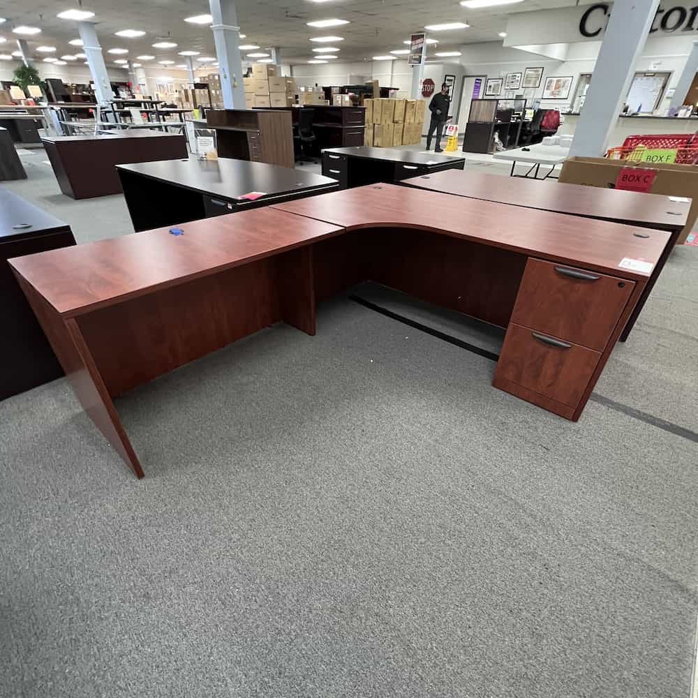 71" x 90" Cherry and Black L-Desk with 1 Pedestal File - Left Return ...