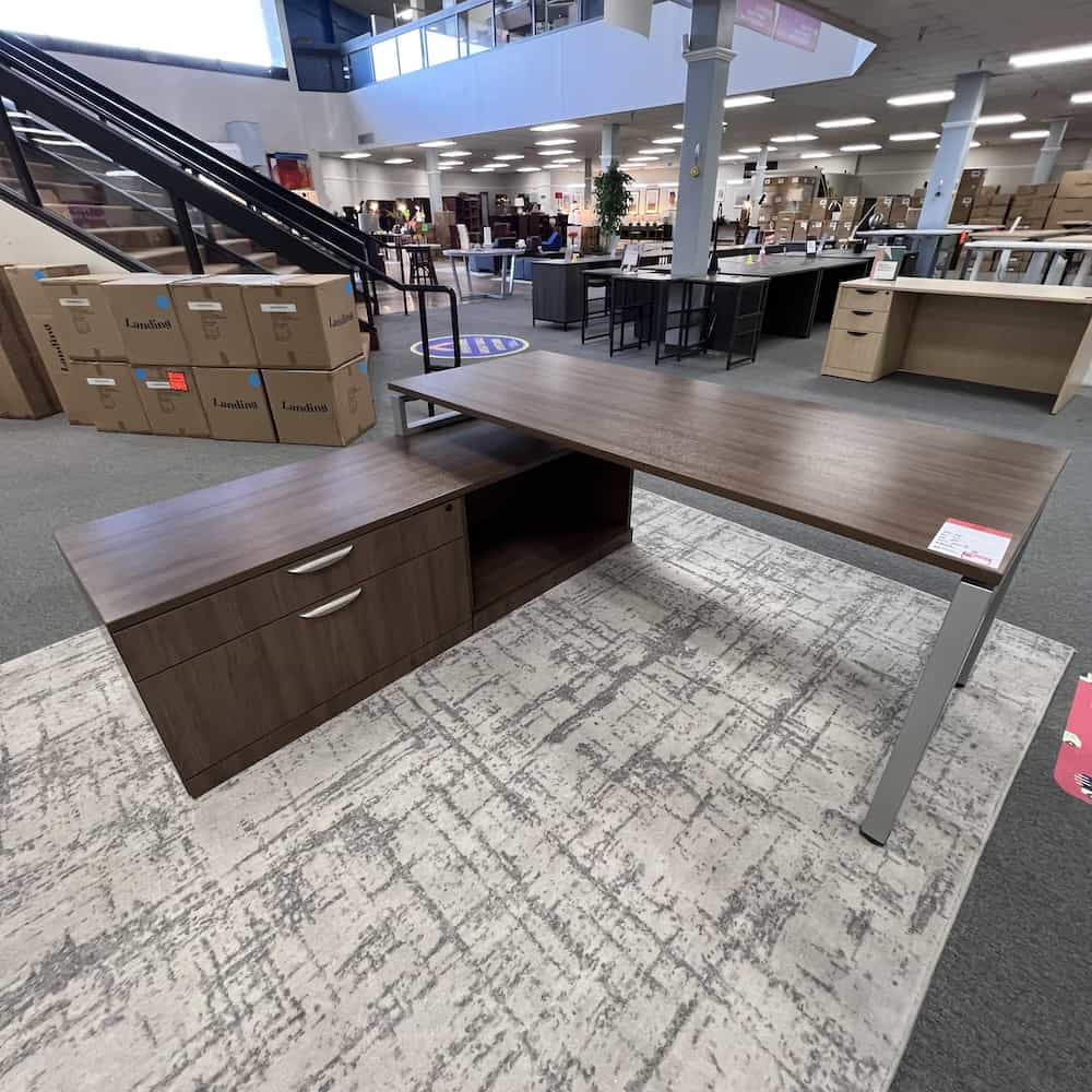 72" x 71" Walnut and Silver L-Desk Table with Box/File Lateral - Left ...