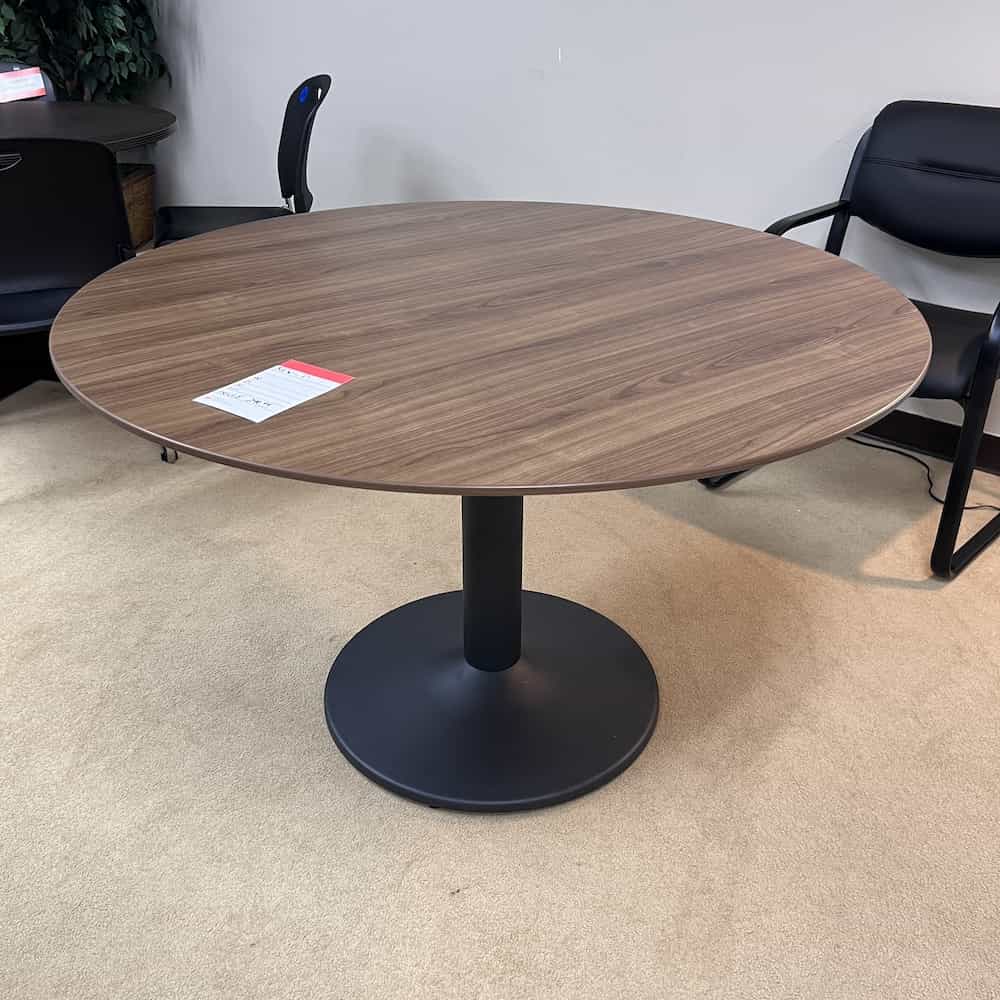 48" Walnut and Black Round Break Room Dining Table | Office Furniture ...