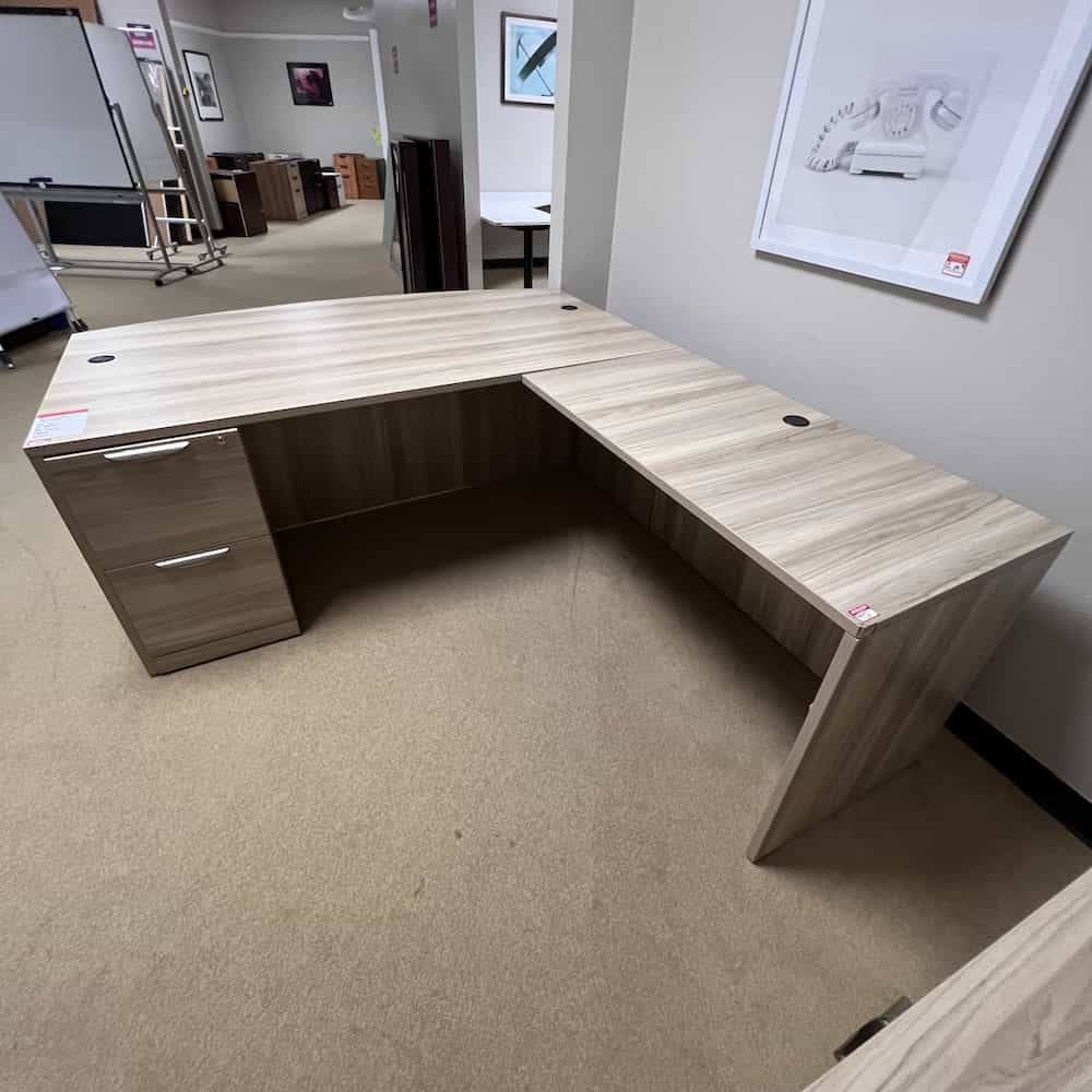 71" x 89" American Elm and Silver Bow Front L-Desk - Right Return ...