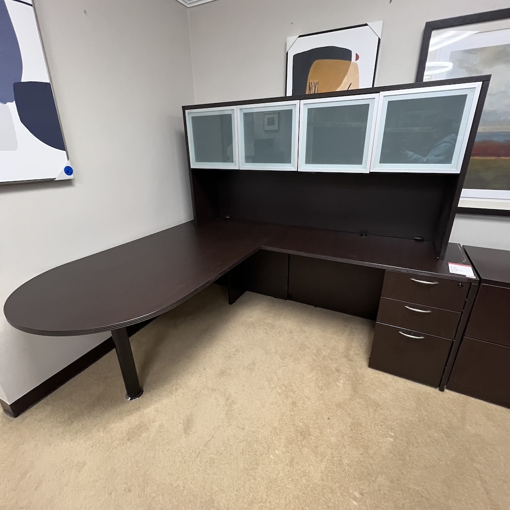 71" x 83" Espresso and Silver Bullet Nose L-desk with Hutch - Right ...