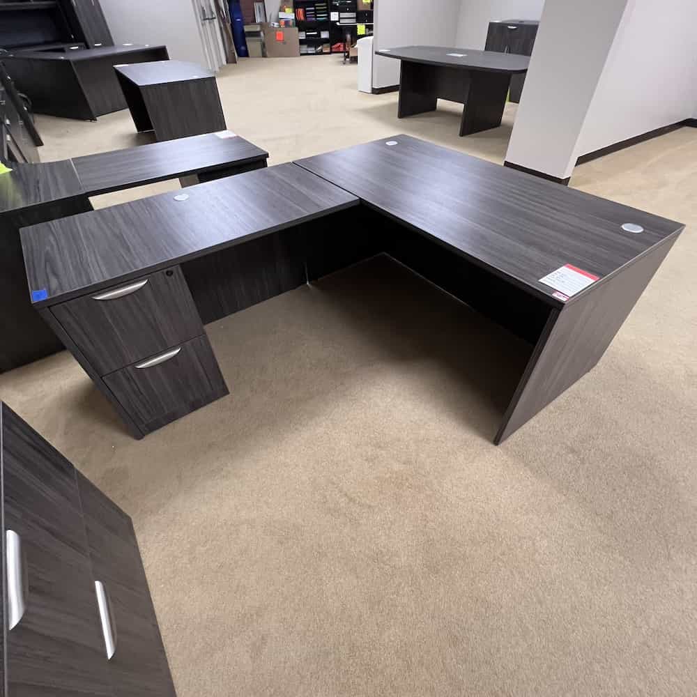 60" x 72" Coastal Grey and Silver L-Desk with One Pedestal File - Left ...
