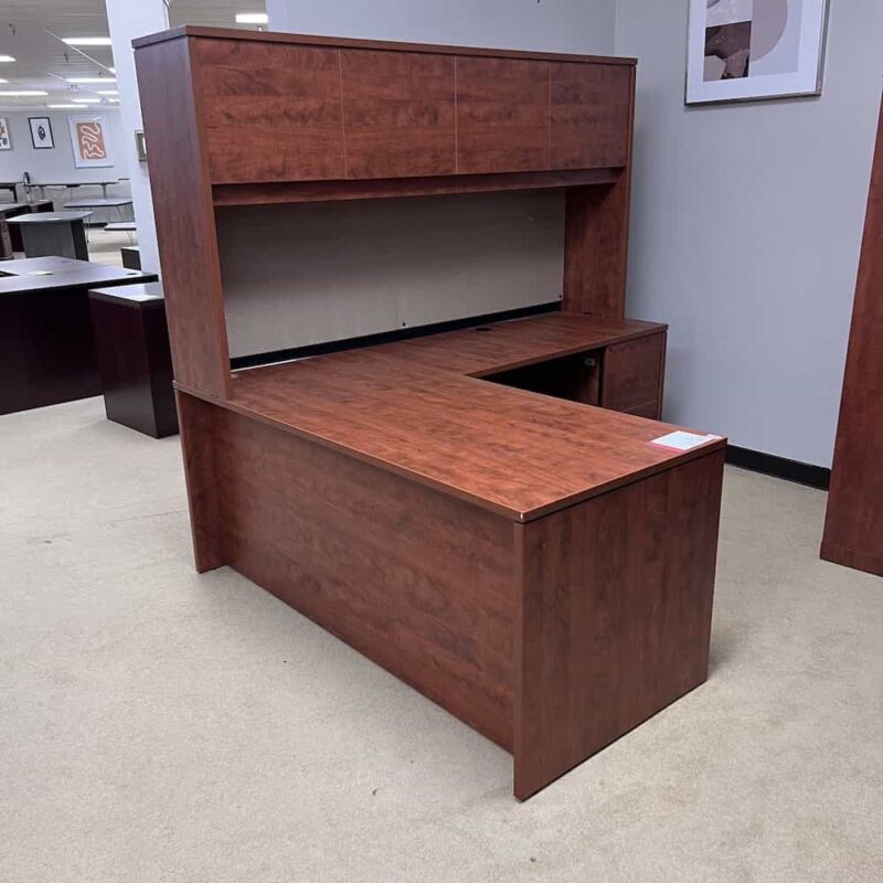 66" x 79" Cherry L-Desk with 4 Door Hutch and 2 Pedestals - Right ...