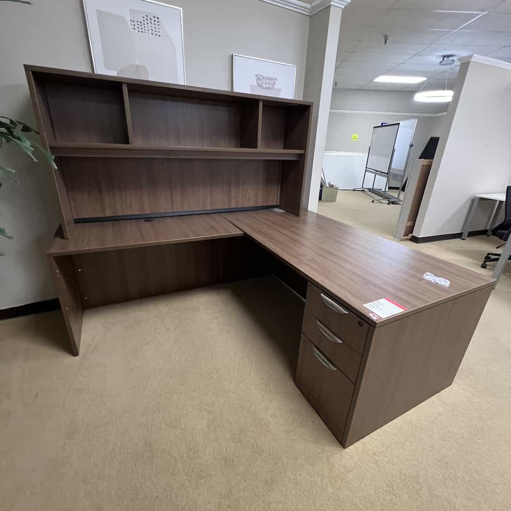 71" x 83" Walnut and Silver L-Desk with Open Hutch - Left Return ...