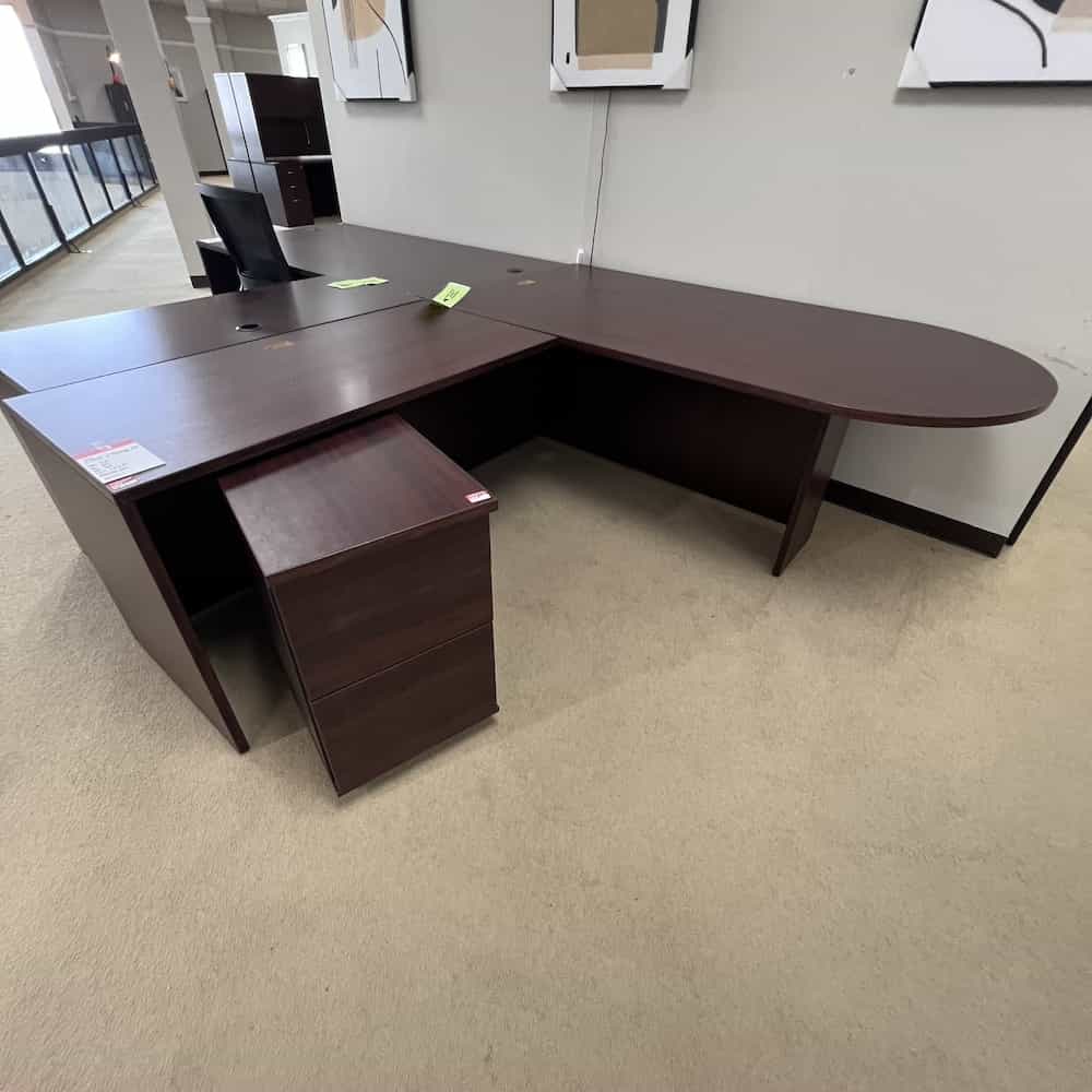 72" x 84" Mahogany Bullet Nose L-Desk with Rolling File - Left Return ...