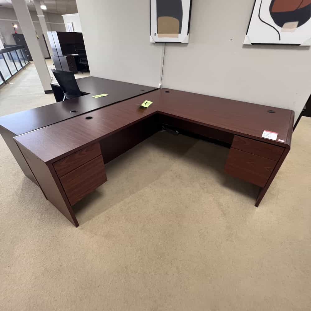 72" x 84" Global Mahogany L-Desk with 2 Hanging Files - Left Return ...
