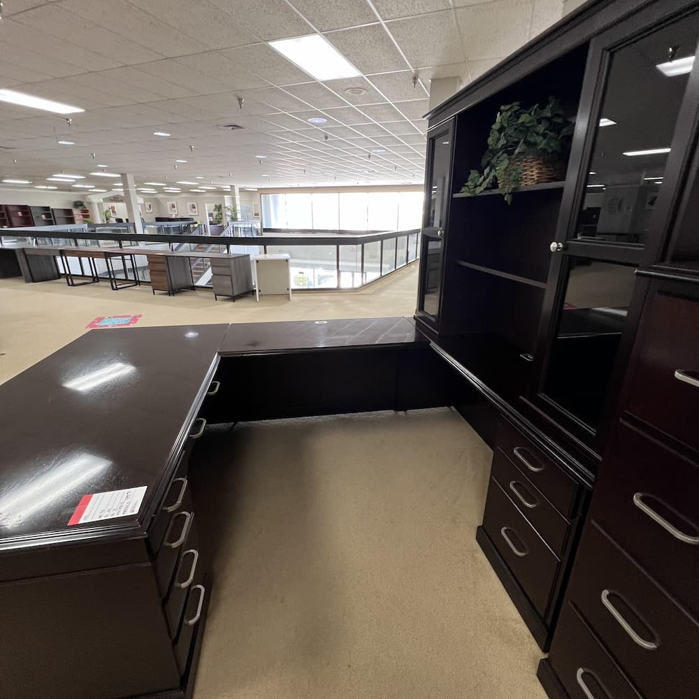 72" x 102" OFS Espresso and Silver Transitional U-Desk with Hutch - Right Return | Office ...