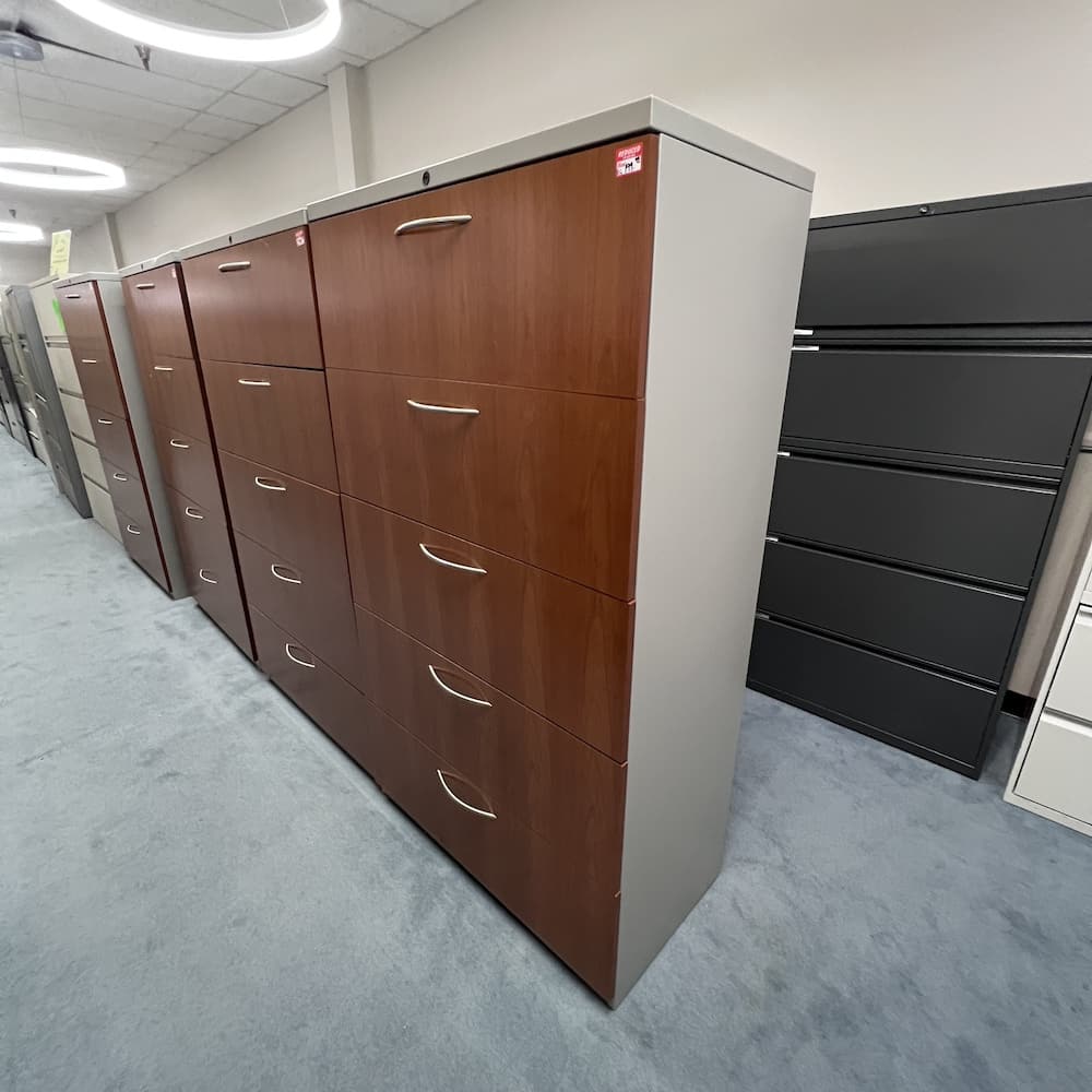 36" W x 64" H Haworth Cherry Veneer and Grey Metal 4 Drawer Lateral ...