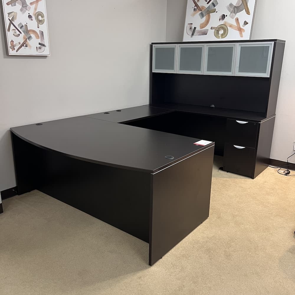 71" x 113" Espresso Laminate Bow Front U-desk with Hutch and Double ...