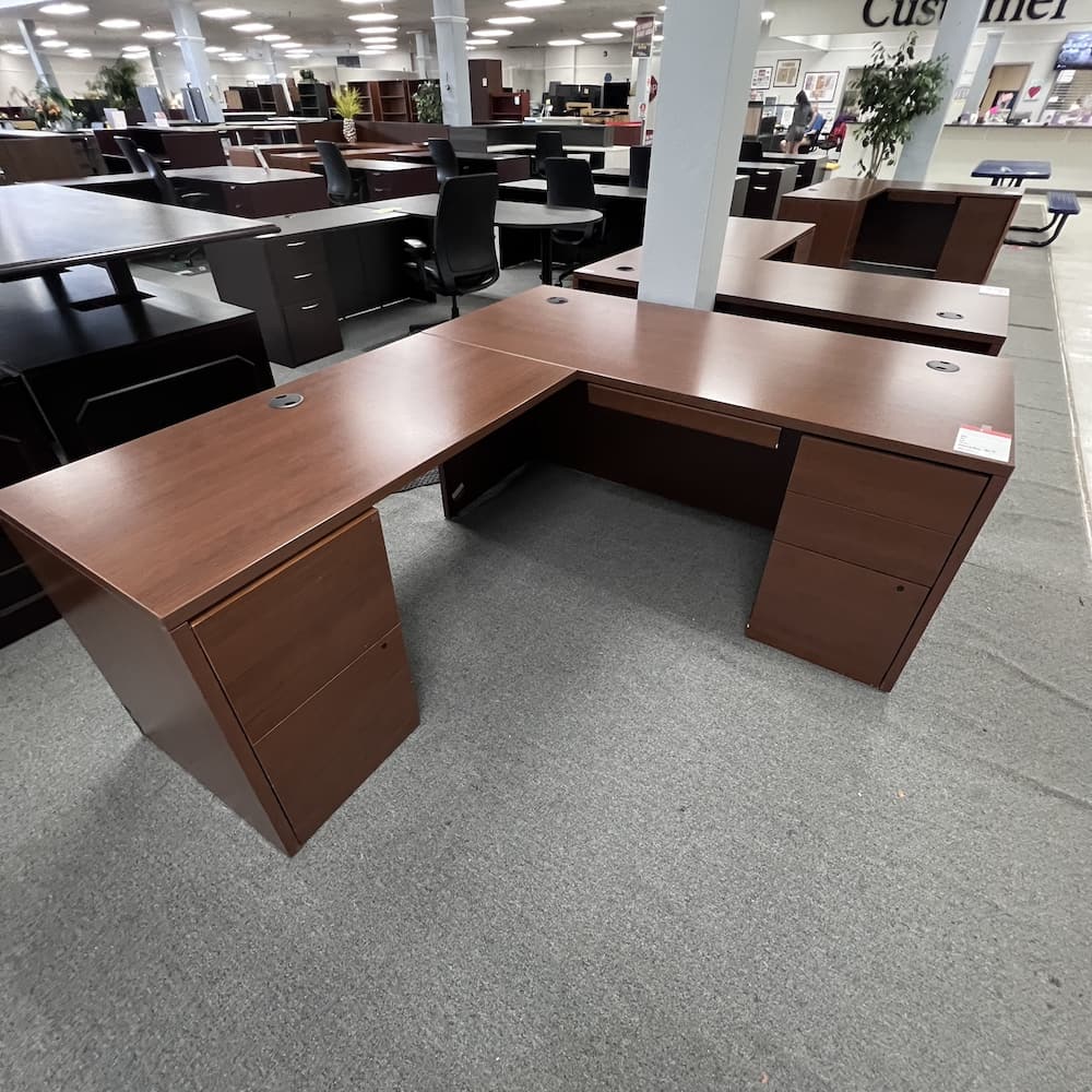 66" x 78" Hon Cherry Laminate L-Desk with Double Pedestal - Left Return ...