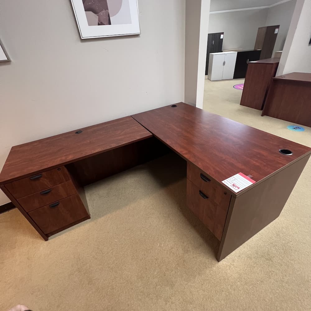 60" x 78" Cherry Laminate L-Desk with Double Pedestal - Left Return ...