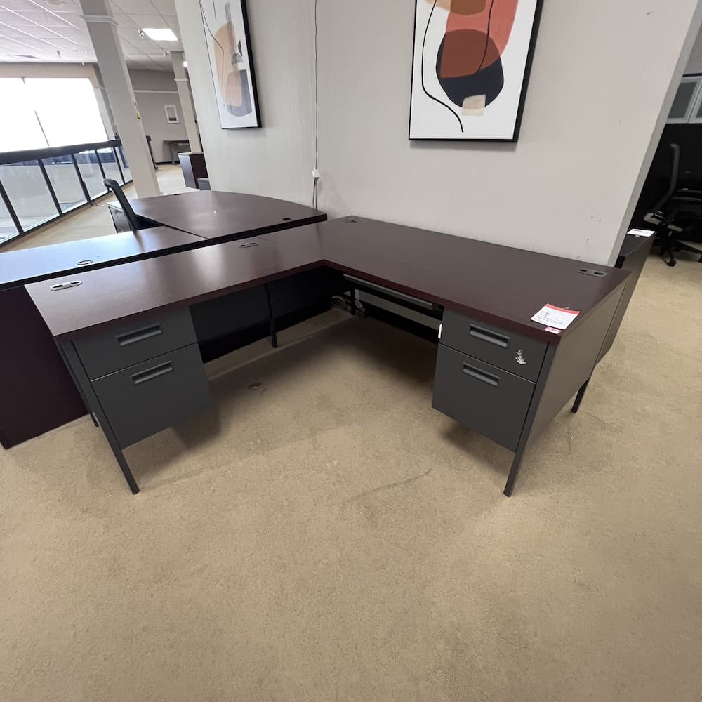 66" x 66" Hon Mahogany Laminate and Grey Metal L-Desk with 2 Hanging ...