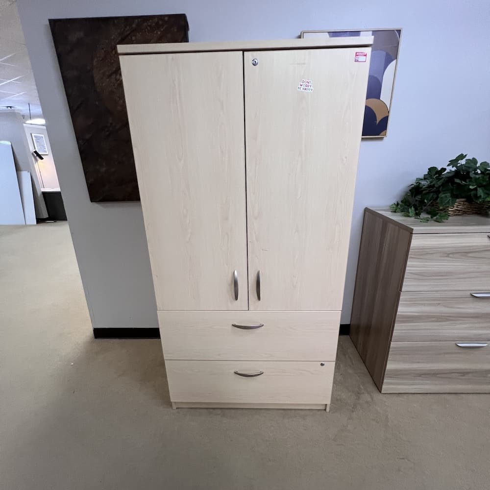 36" W x 71" H Maple Laminate and Silver Storage Cabinet with 2 Drawer ...