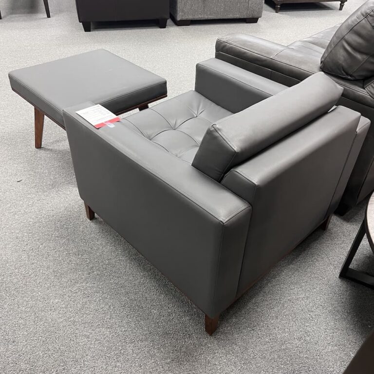 Set - EricBrand Dark Grey Vinyl and Walnut Lounge Chair with Ottoman ...