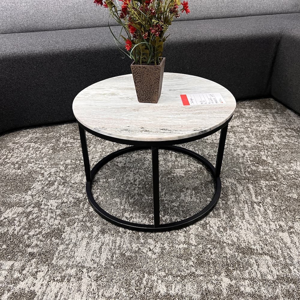 24" Twilinger White Stone and Black Metal Base Round Coffee Table ...